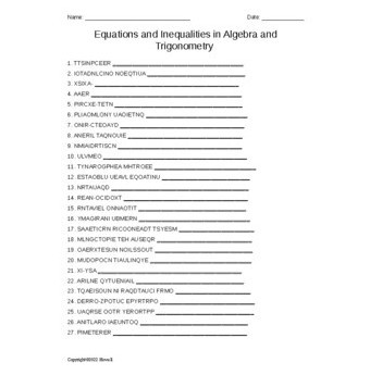 Equations and Inequalities in Algebra and Trigonometry Vocabulary Word ...