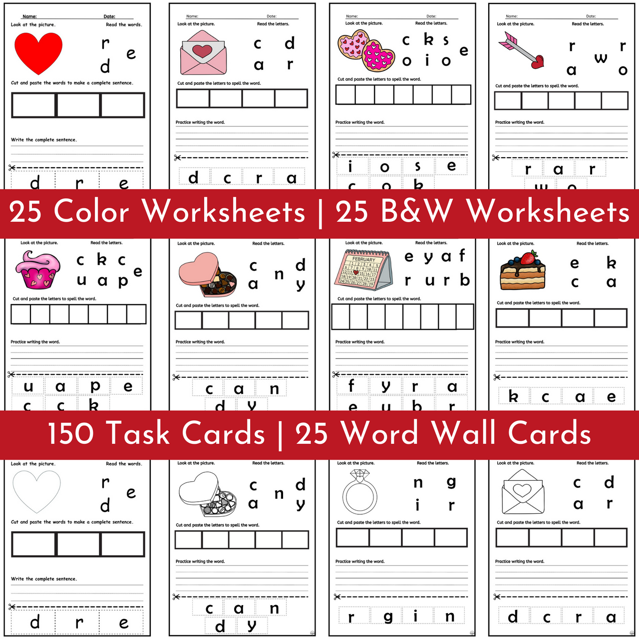 Valentine's Day Sight Word Spelling Worksheets + Task Cards + Word Wall ...