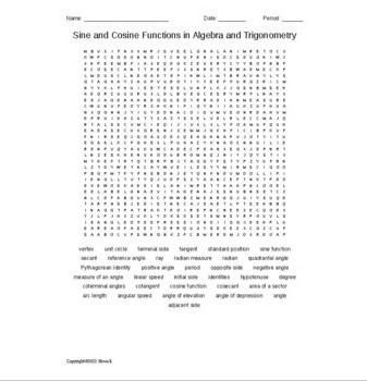 Sine and Cosine Functions in Algebra and Trigonometry Word Search ...