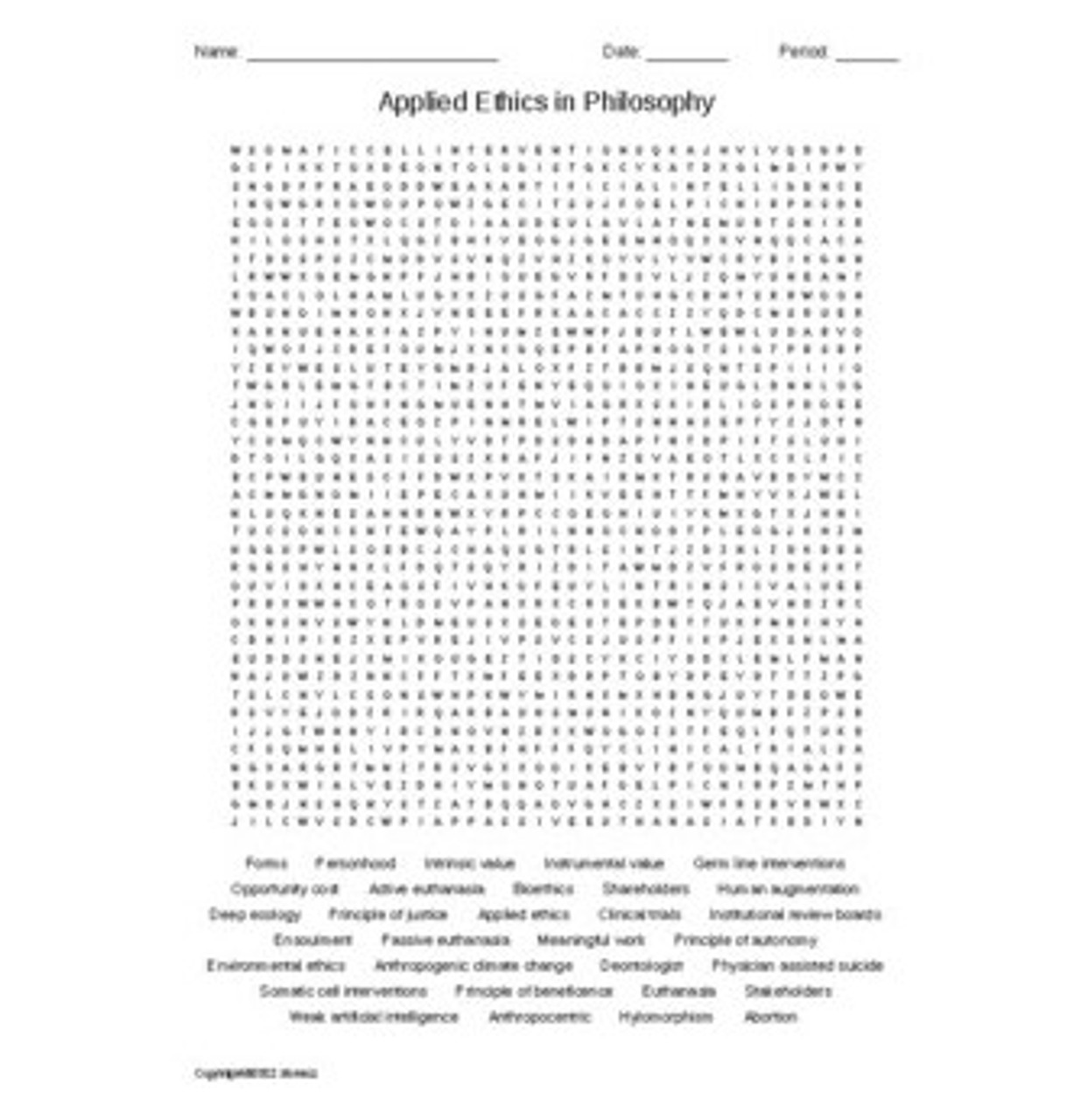 Applied Ethics in Philosophy Vocabulary Word Search for a Philosophy ...