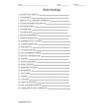 Biotechnology Word Scramble for an Introduction to Biology Course ...