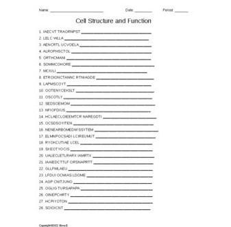 Cell Structure and Function Word Scramble for an Introduction to ...