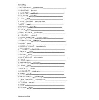 Diversity of Plants Word Scramble for an Introduction to Biology Course ...