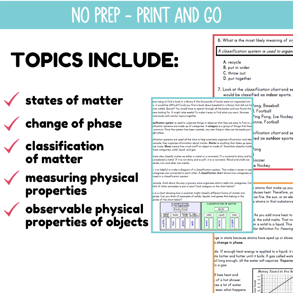 Physical Science Reading Comprehension Properties of Objects and ...