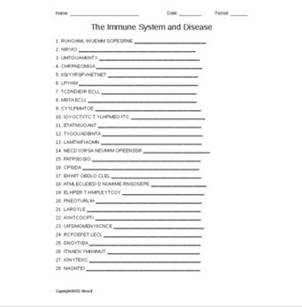 Immune System and Disease Word Scramble for an Introduction to Biology ...