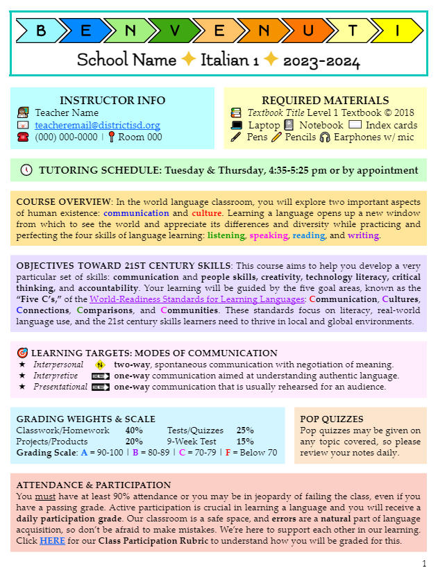 Italian Syllabus - Editable Templates