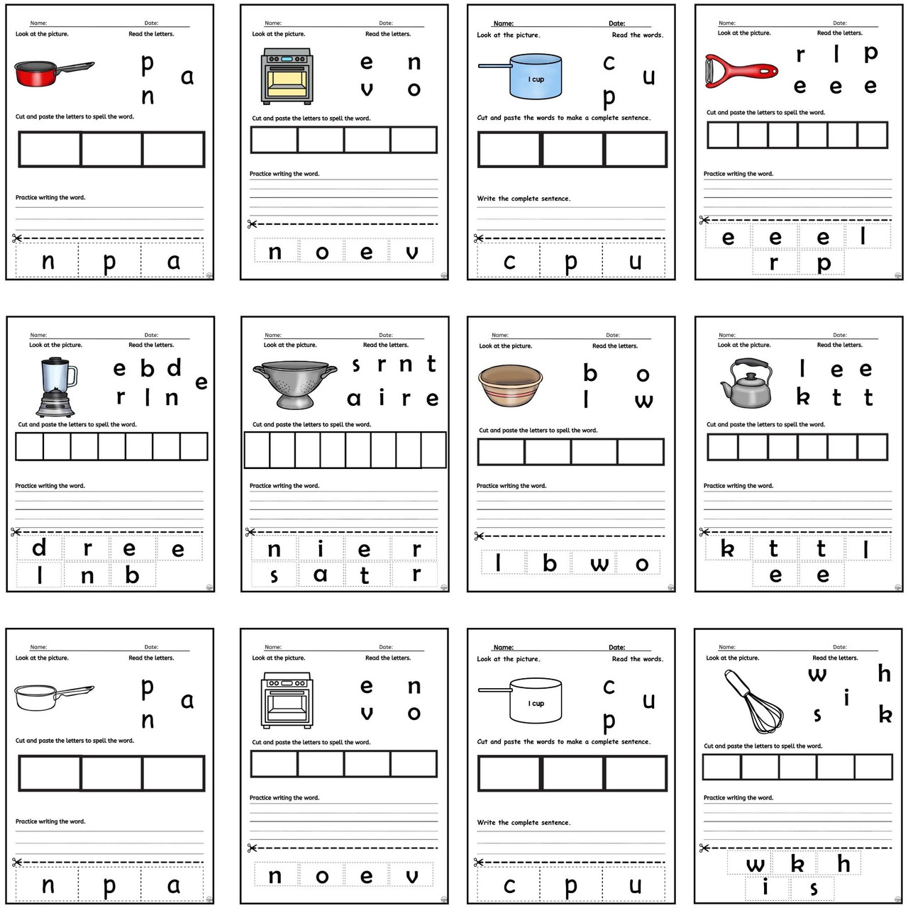 Kitchen Tools Sight Word Spelling Vocabulary Literacy Worksheets