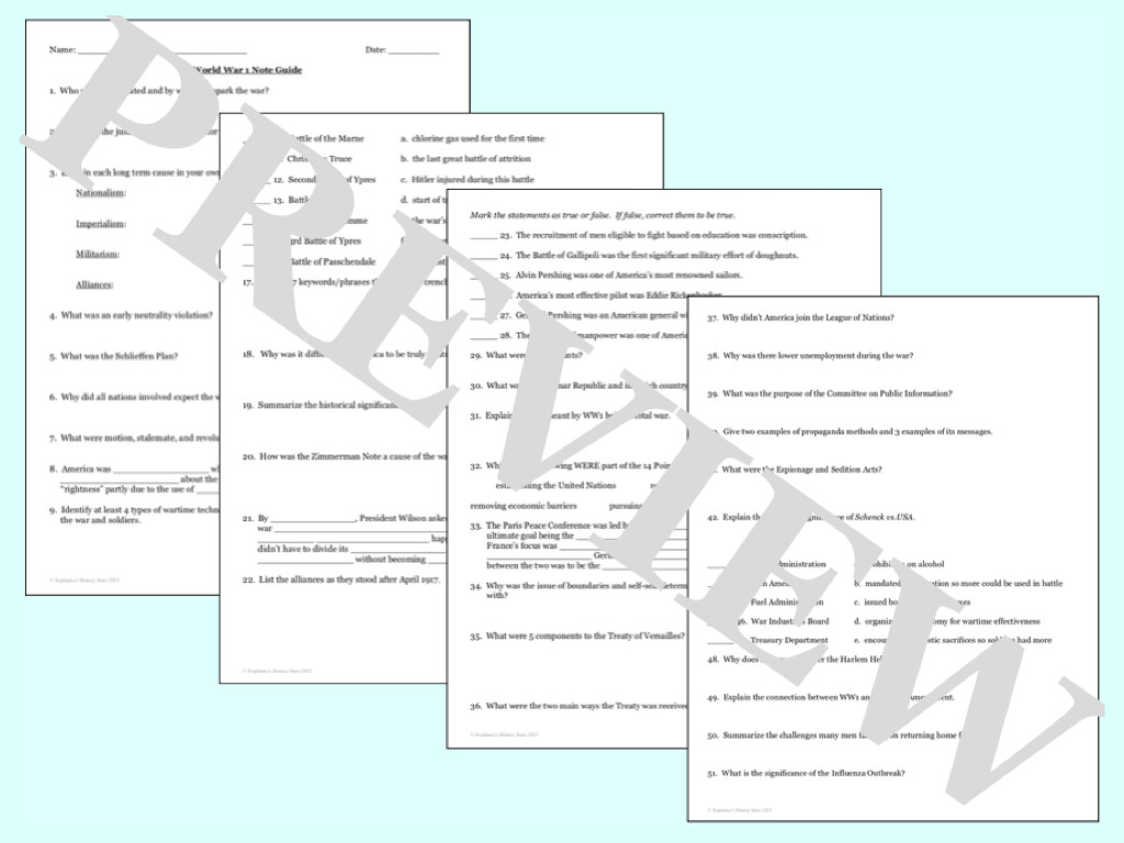 World War 1 PowerPoint and Note Guide for US History