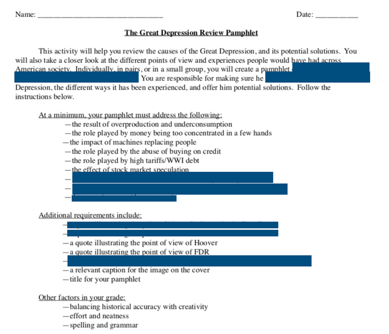 The Great Depression Pamphlet Activity