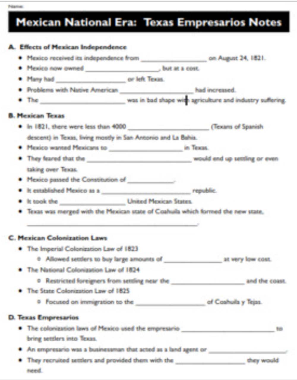 Mexican National Era: Texas Empresario Notes - Amped Up Learning