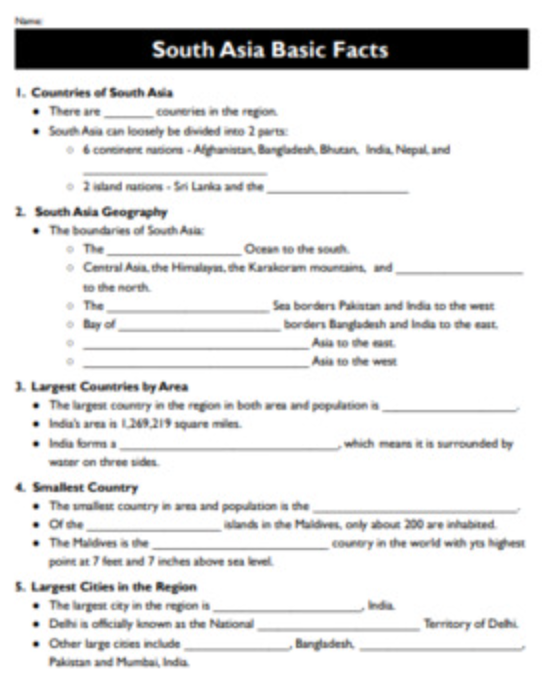 South Asia Basic Facts Notes - Amped Up Learning