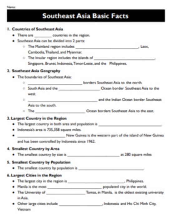 Southeast Asia Basic Facts Notes - Amped Up Learning