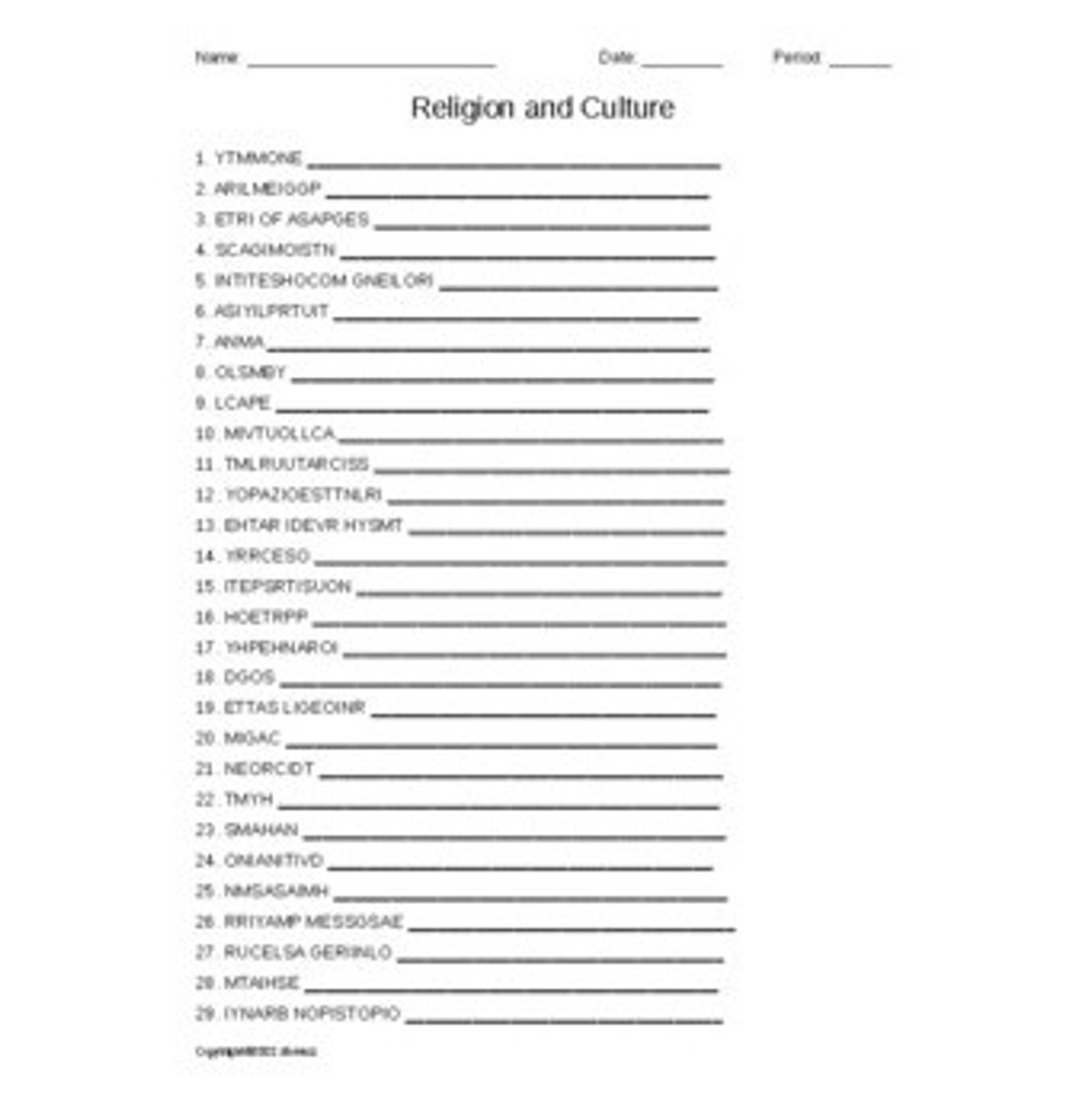 Religion and Culture Vocabulary Word Scramble - Amped Up Learning
