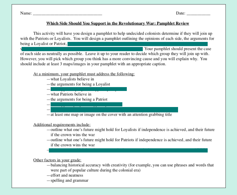 Revolutionary War Pamphlet Activity