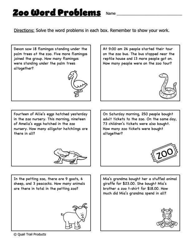 Grade 2 MATH Worksheets | Zoo Theme