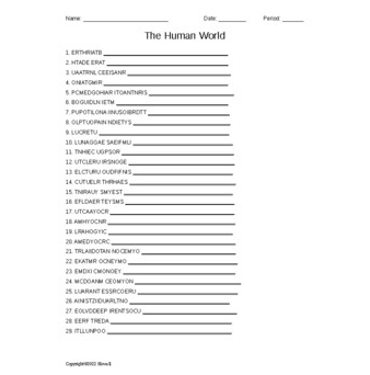 The Human World Vocabulary Word Scramble for a World Geography Course ...