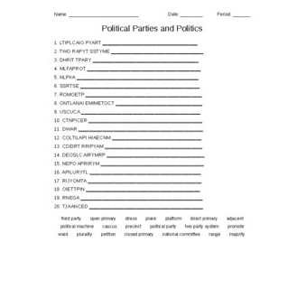 Political Parties and Politics Vocabulary Word Scramble for a Civics ...