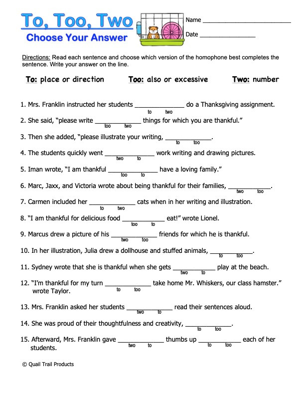 Homophones to, too, & two Thanksgiving Worksheets