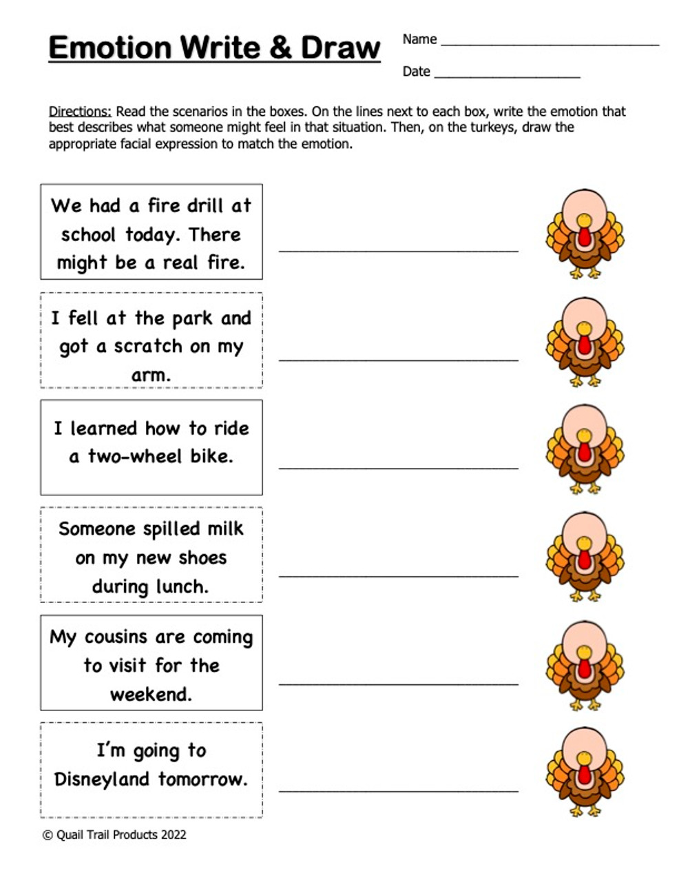 Social/Emotional Activities and Worksheets | Turkey Theme