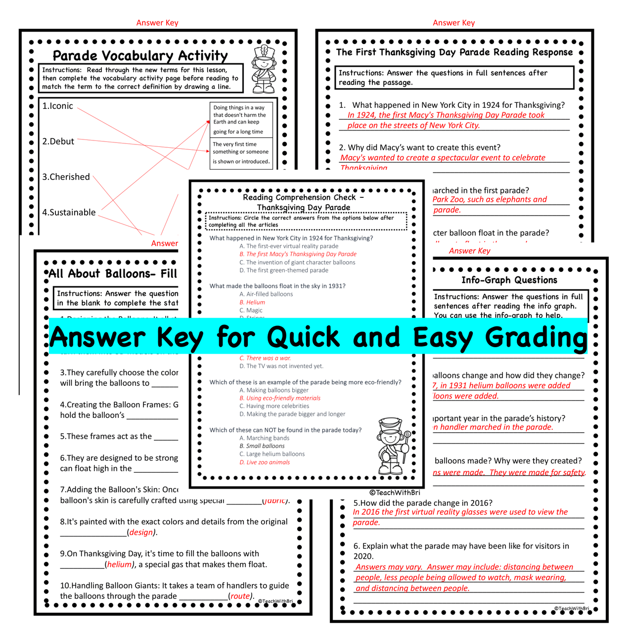 Thanksgiving Day Parade Reading Comprehension Activity Pack