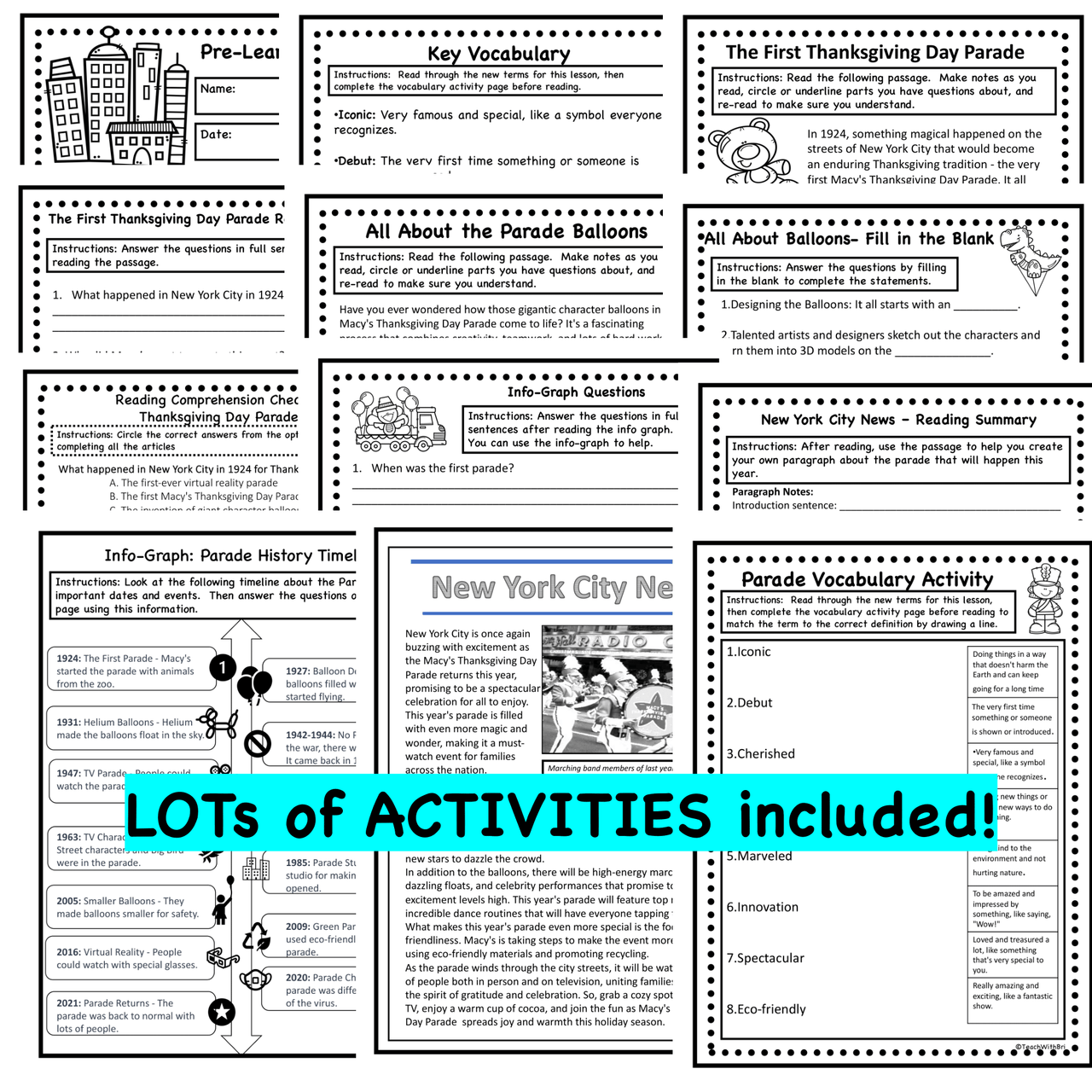 Thanksgiving Day Parade Reading Comprehension Activity Pack