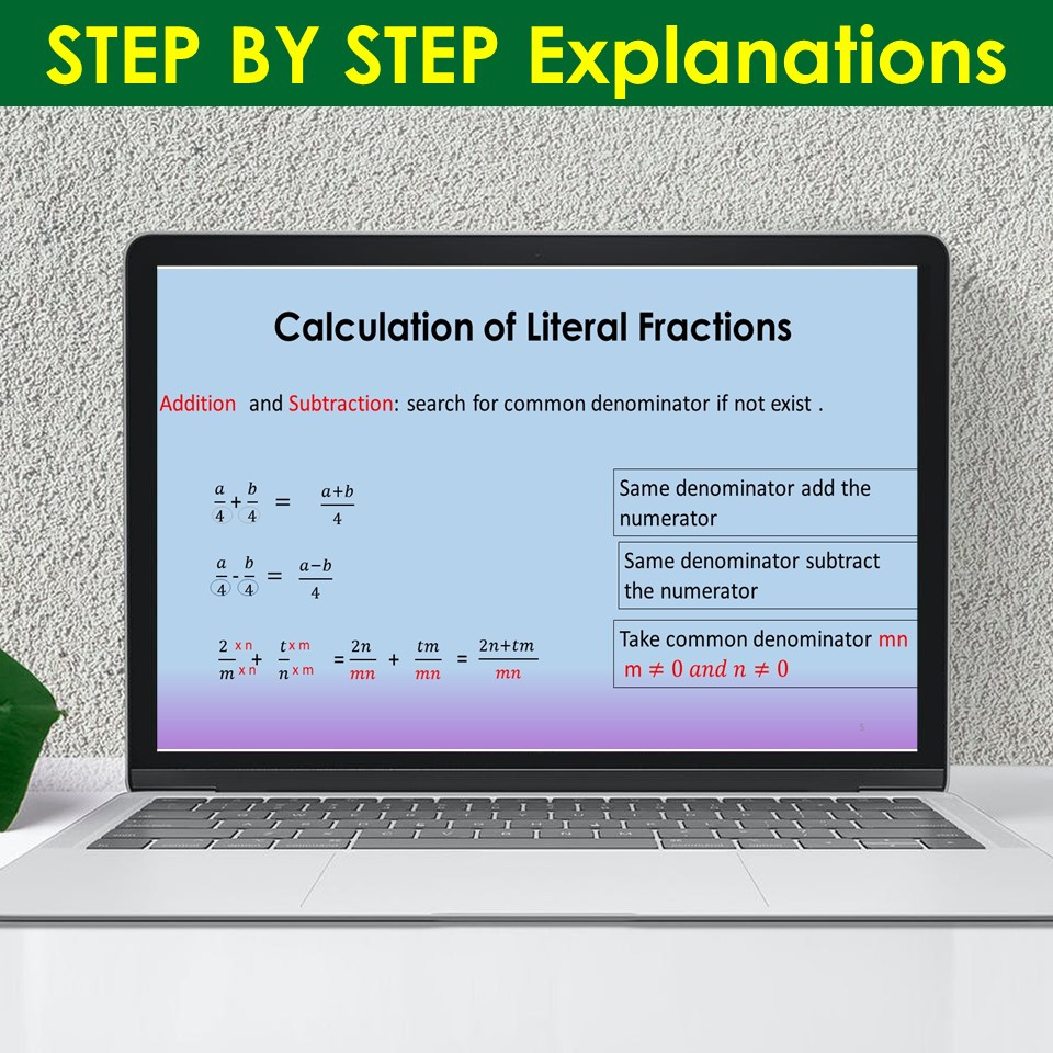 Literal fractions PowerPoint Presentation Math Lesson Middle School Algebra