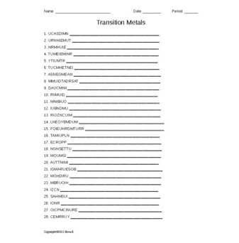 "Transition Metals" Word Scramble for General Chemistry - Amped Up Learning