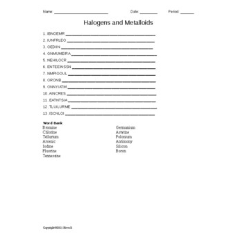 "Halogens and Metalloids" Word Scramble for General Chemistry - Amped ...
