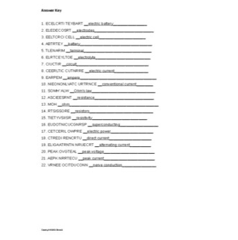 Electric Currents Word Scramble for Physics - Amped Up Learning