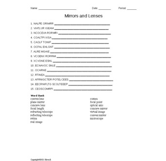 "Mirrors and Lenses" Word Scramble for Physical Science - Amped Up Learning
