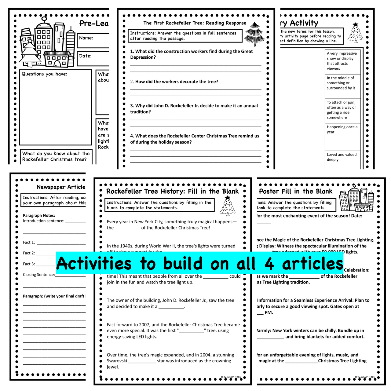 Rockefeller Christmas Tree Reading Comprehension Worksheet Pack