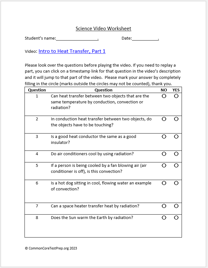 Conduction, Convection and Radiation. Video sheet, Google Forms & more (V3)