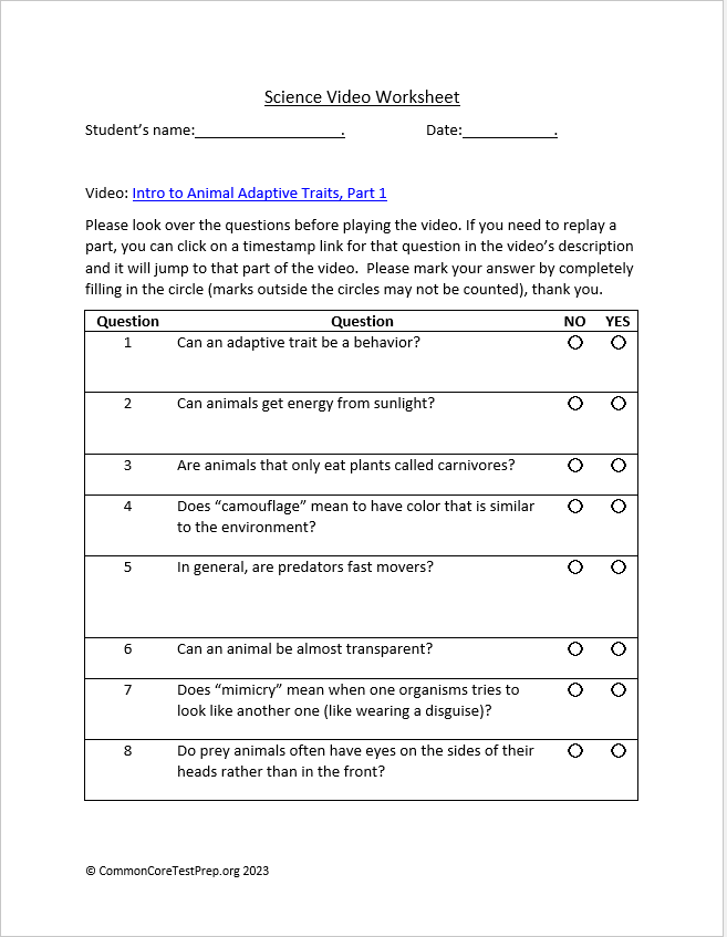 Intro to Animal Adaptive Traits, part 1. Video sheet, Canvas, Easel ...