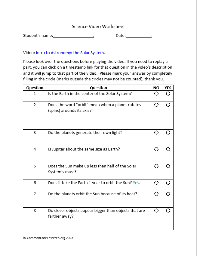Intro to Astronomy Part 2: The Solar System. Video sheet, Easel & more. V4