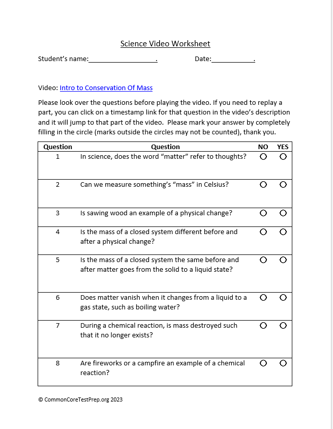Intro to Conservation of Mass. Video sheet, Google Forms, Easel & more. V3