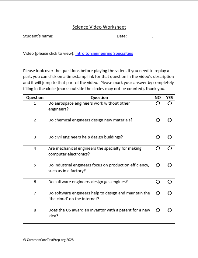 Intro to Engineering Specialties. Science sheet, Google Forms, Easel ...
