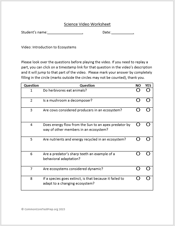 Intro to Ecosystems. Video sheet, Google Forms, Canvas, Easel & more (V3).