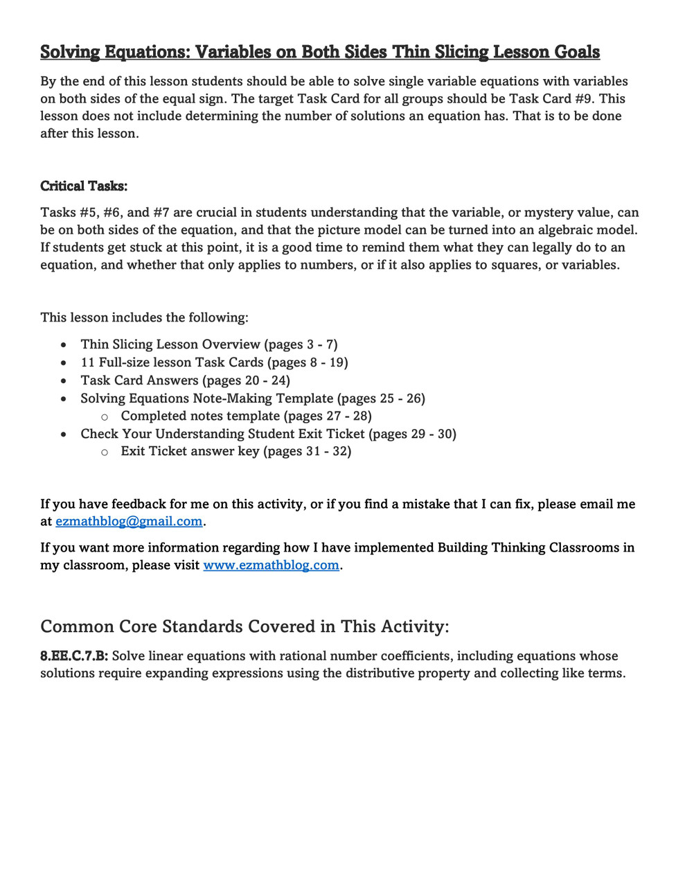 Variables on Both Sides Thin Slicing Lesson - 8th Grade Math 8.EE.7b