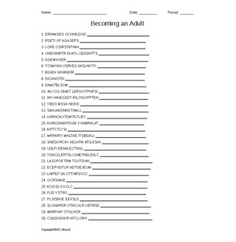 Becoming an Adult Word Scramble for Human Development - Amped Up Learning