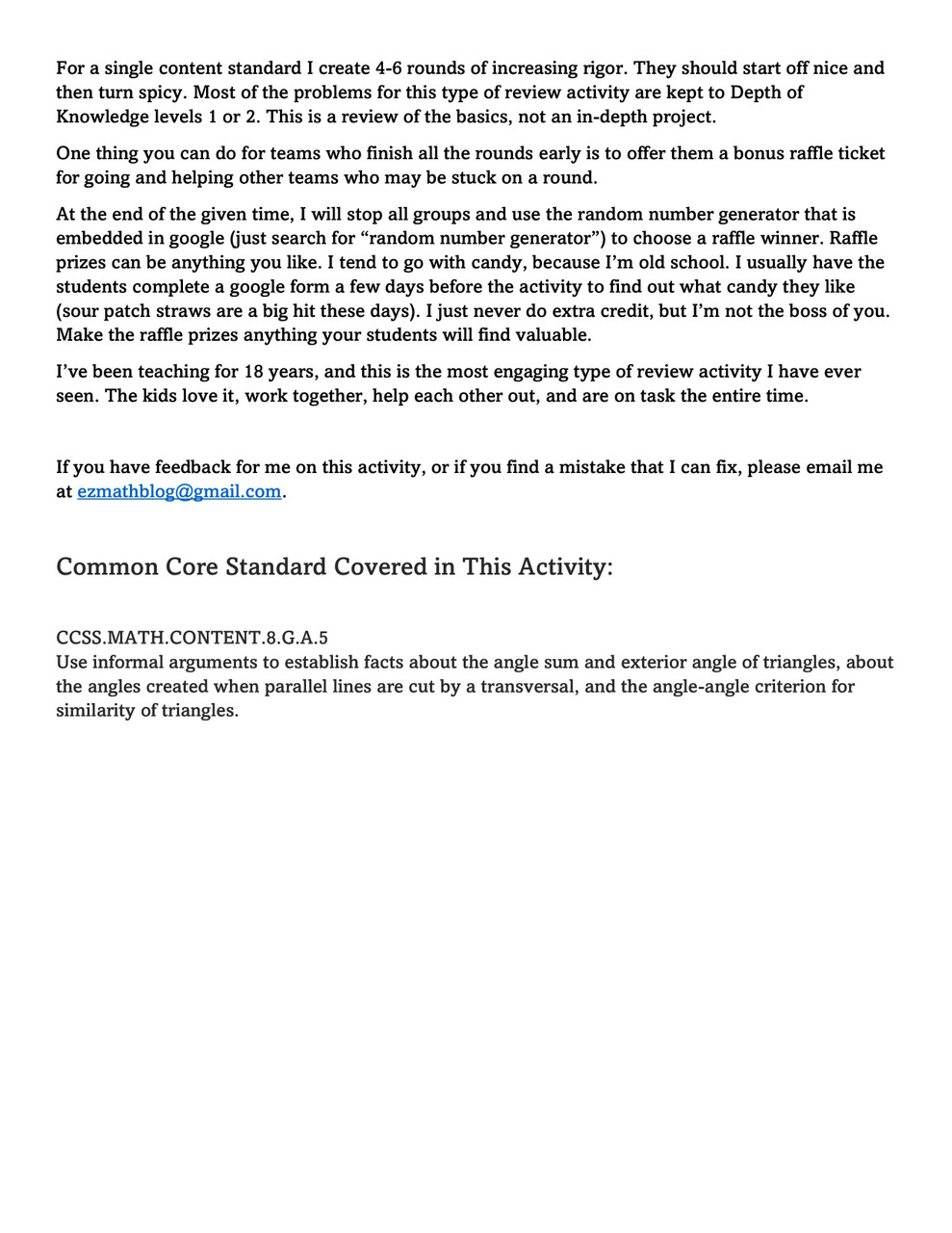 Team Target Review: Transversals & Triangles Group Review Activity Grade 8