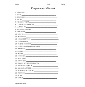 Enzymes and Vitamins Word Scramble for Biological Chemistry - Amped Up ...