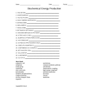 Biochemical Energy Production Word Scramble for Biological Chemistry ...