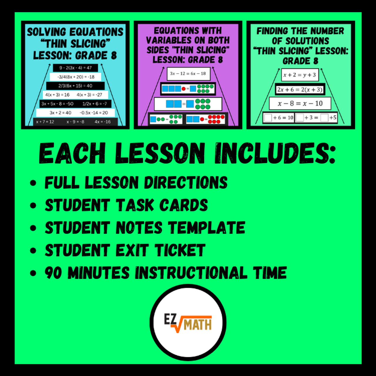 8th Grade Equation Solving "Thin Slicing" Lesson Bundle