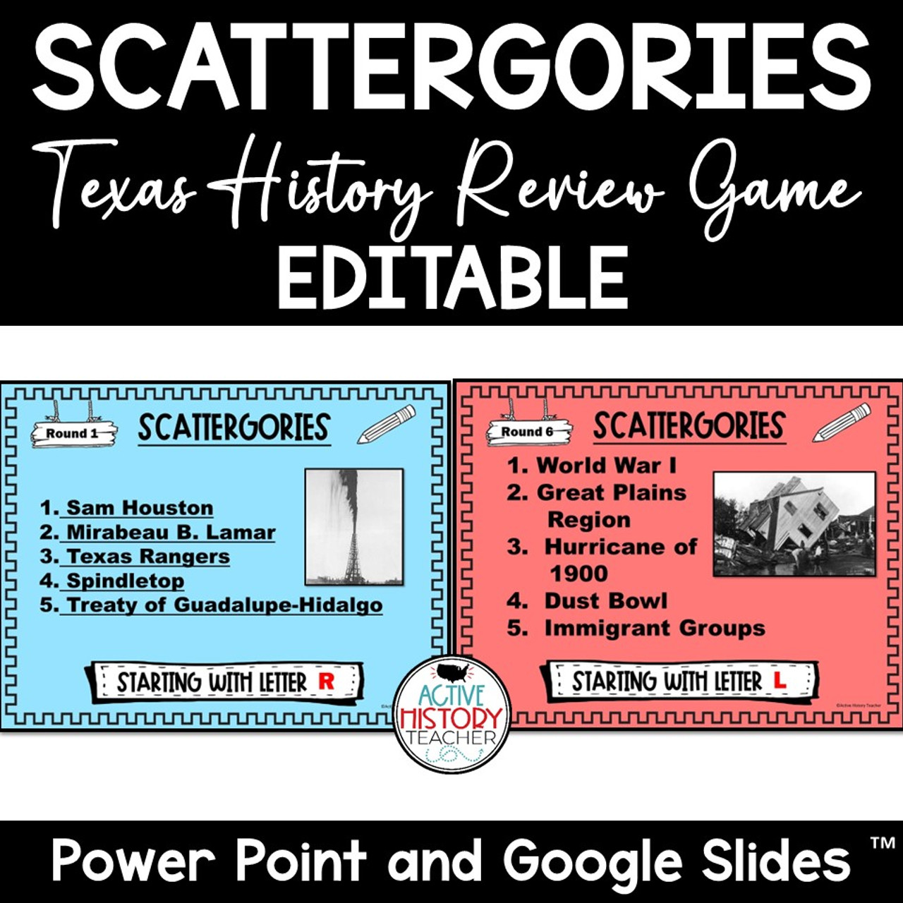 Texas History Review Game Scattergories EDITABLE - Amped Up Learning