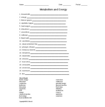 Metabolism and Energy in Food Science Word Scramble - Amped Up Learning