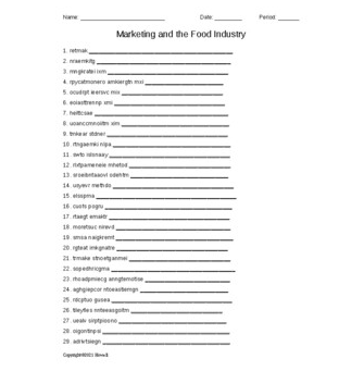 Marketing and the Food Industry Word Scramble - Amped Up Learning
