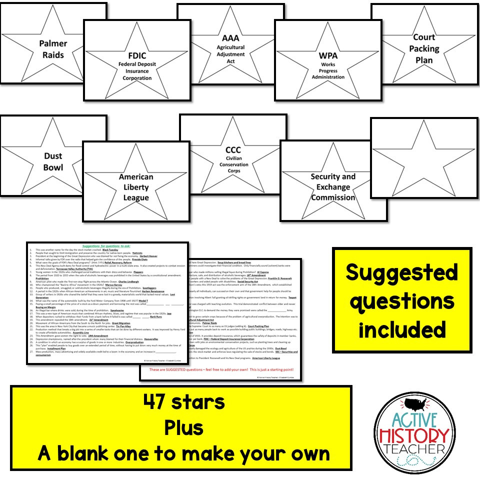 Roaring 20s Great Depression New Deal Review Game Swat the Star EOC ...
