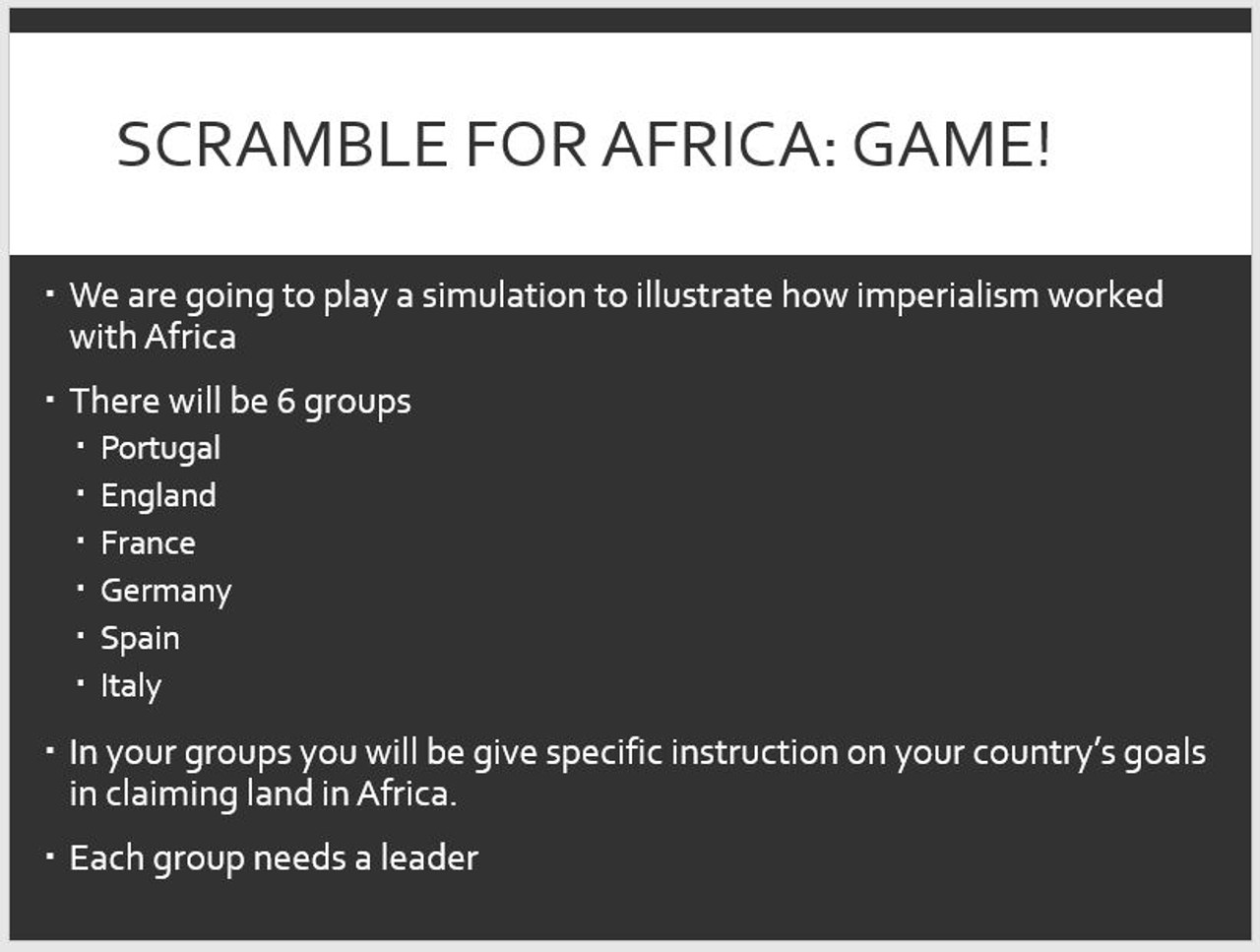 Scramble for Africa Simulation - Amped Up Learning