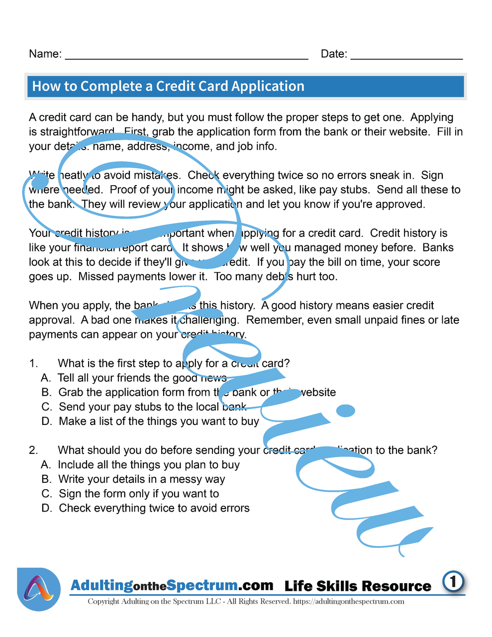 Essential Life Skills SPED Activity - A Credit Card Application - Amped ...