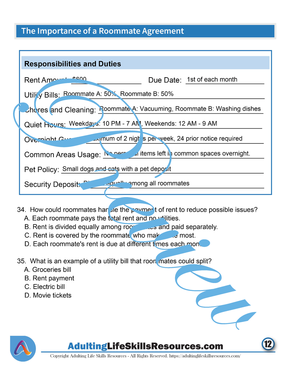 Essential Life Skills SPED Activity - The Roommate Agreement - Amped Up ...